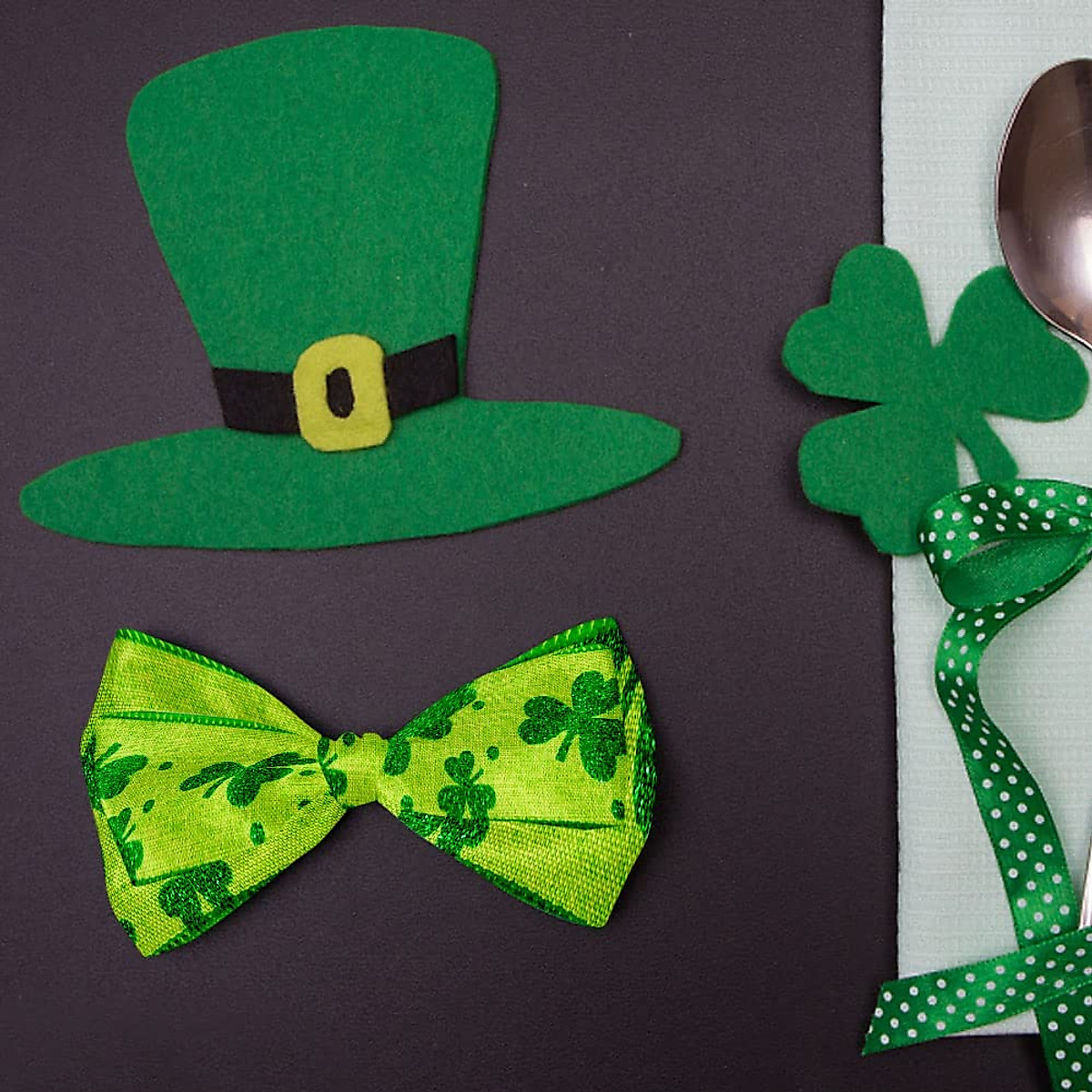 St Patrick's Day Ribbons 2.5" 10 Yards, Black White Plaid Wired Edge Burlap Ribbon Green Glitter Shamrock Wrapping Ribbon for St Patrick's Day Birthday Party Wrapping DIY Craft Decoration Wreaths Bow