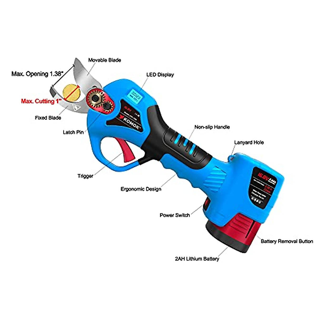 KOMOK Cordless Electric Pruning Shears, 2 Rechargeable Battery Powered Pruners Fruit Tree Branches Cutter with LED, 16.8V 25mm/1" Cutting Diameter, 6-8 Working Hours Good for Arthritis Hand