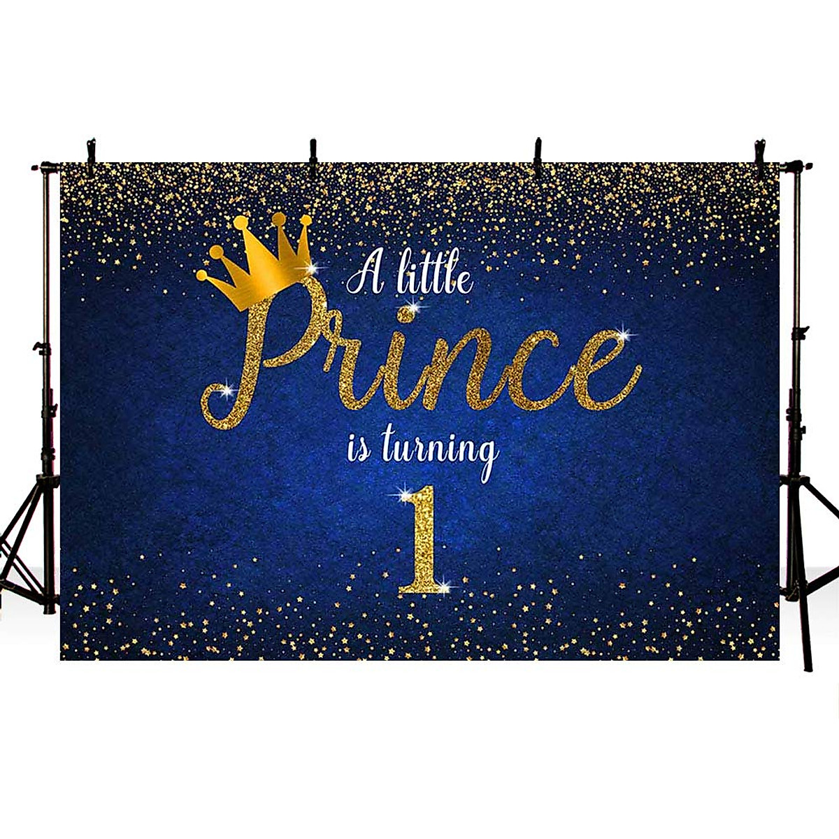 MOHOFOND Prince Boy 1st Birthday Decoration Backdrop Gold Crown Glitter Star A Little Prince is Turning 1 Blue Photography Background Banner of Cake Table Studio Photo Props 7x5ft