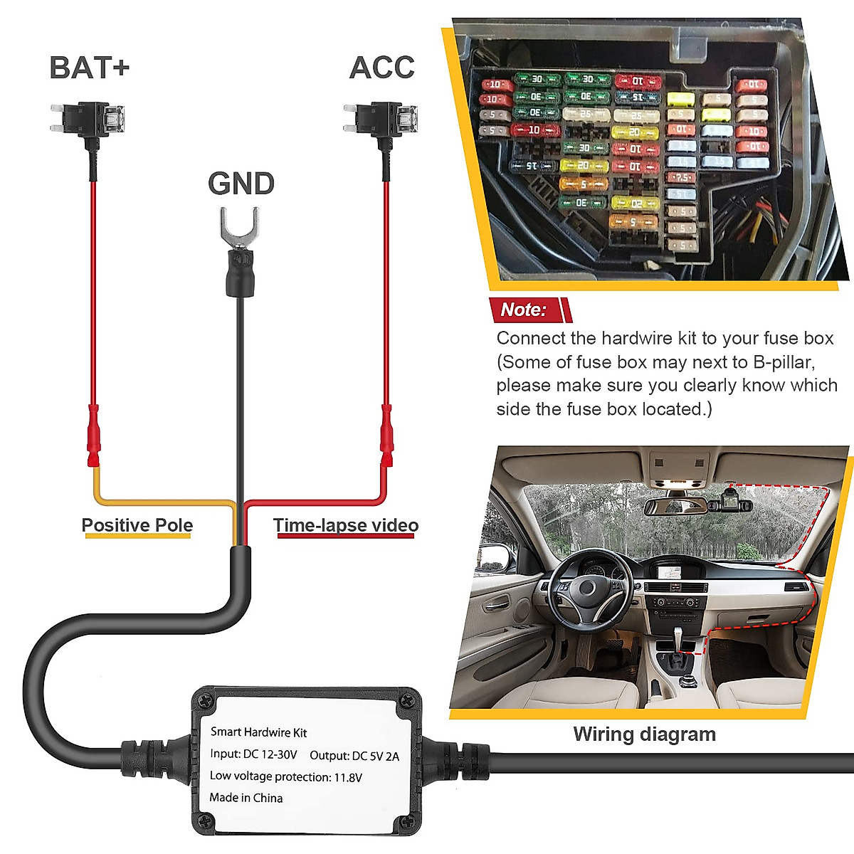 Dash Cam Hardwire Kit Mini USB Hard Wire Kit Fuse for Dashcam and 8 Fuse Tap Cable and Installation Tool 11.5ft 12V-30V to 5V/2A Mini-USB Port Charger Power Cord