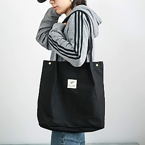 Canvas Tote Bag for Women Washable Reusable Carry Shoulder Bag With Inner Pocket (Black)