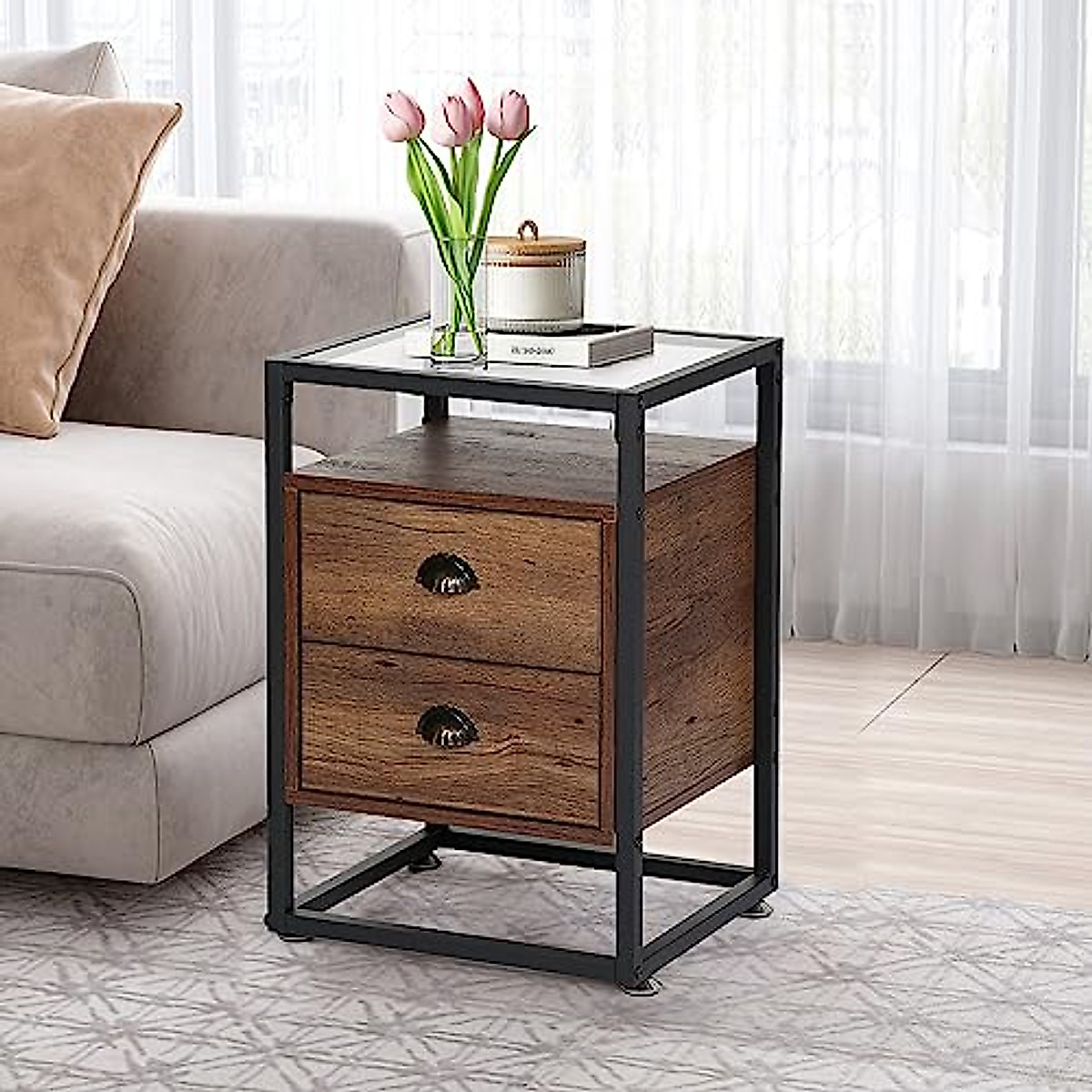 VECELO End Table, Modern Nightstand with Drawer, Night Stand Set of 2 for Bedroom Living Room,Tempered Glass, Brown/2pcs