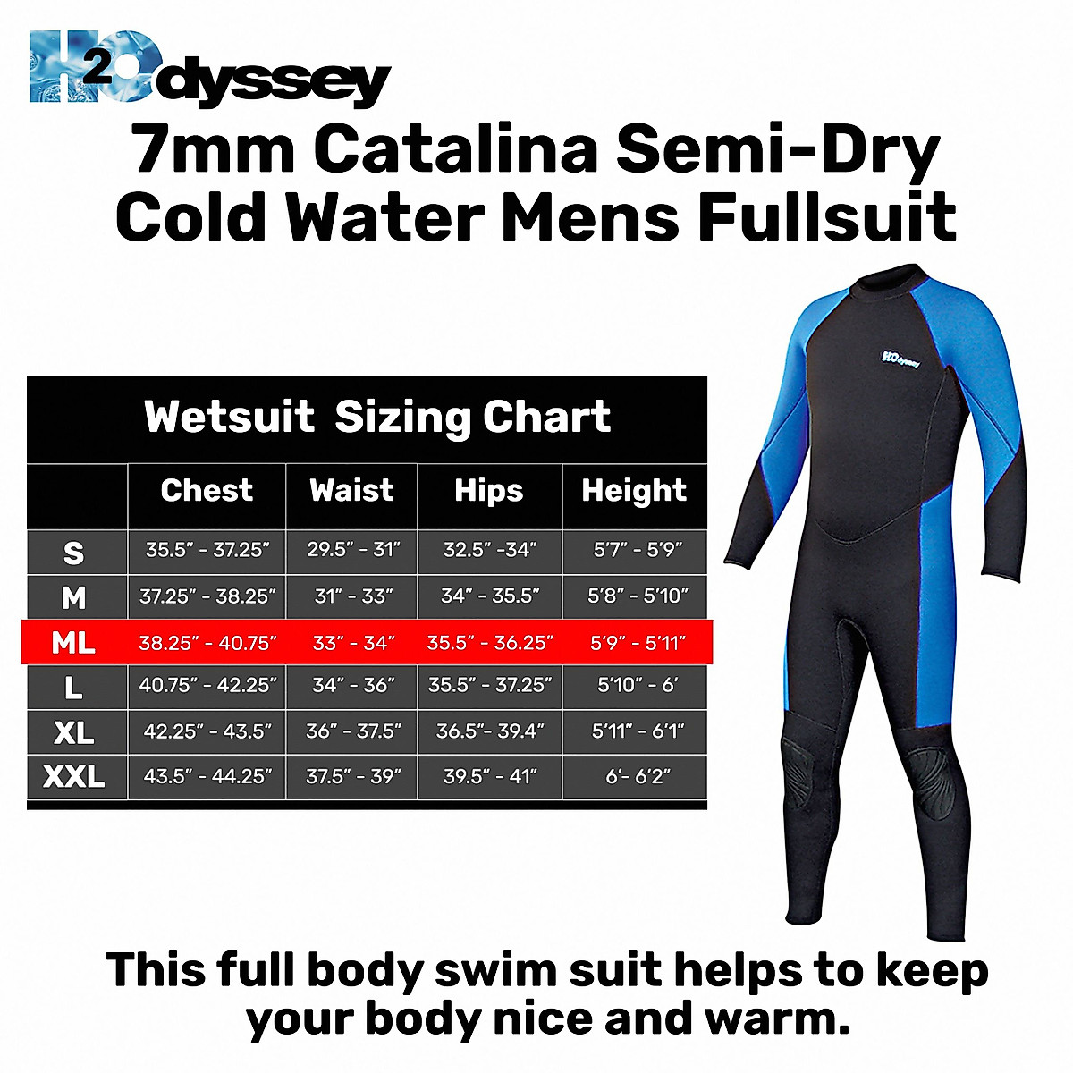 H2Odyssey Catalina 7mm Men's Semi-Dry Wetsuit - Cold Water Deep Sea Swim Suit