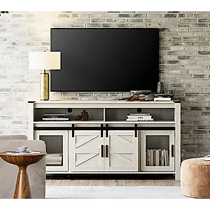 WAMPAT Farmhouse Buffet Cabinet, Rustic Sideboard with Sliding Barn Doors, 59" Coffee Bar Storage Cabinet with Mesh Doors, Antique White Cupboard Table for Kitchen, Dining Room, Living Room