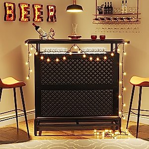 Tribesigns Home Bar Unit, 47 Inches PU Leather Bar Tables Liquor Cabinet with Wine Glasses Holder and Metal Footrest Wine Rack for Kitchen Living Room