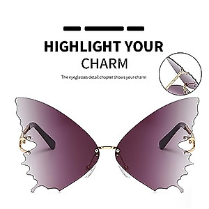 YAMEIZE Fashion Butterfly Rimless Sunglasses for Women Vintage Metal Frame Eyewear UV Protection (PURPLE PINK)