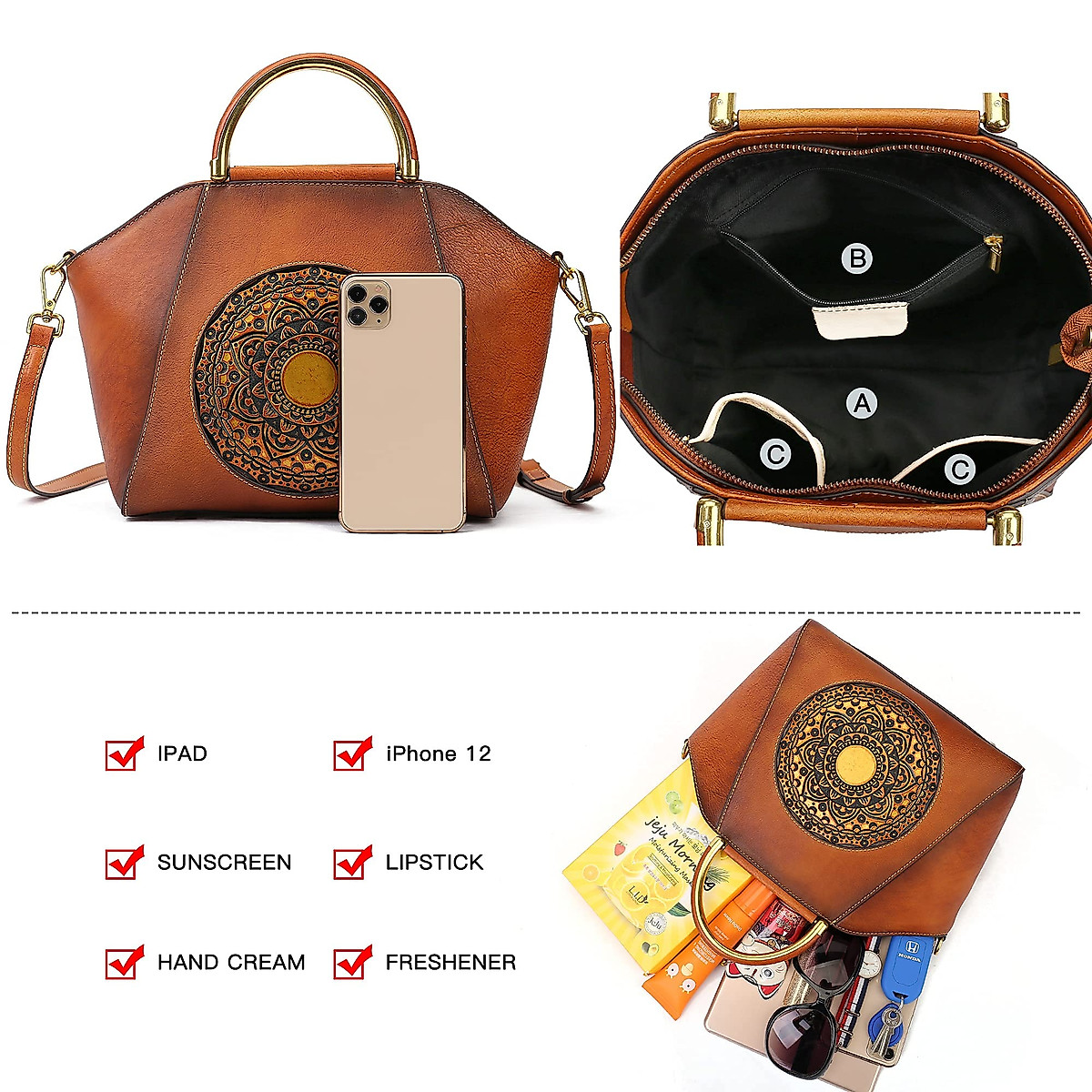 Zhuoliang Italian Retro Leather Handbags Vintage Embossing Totem Satchel + Handmade Mandala Totem Purse