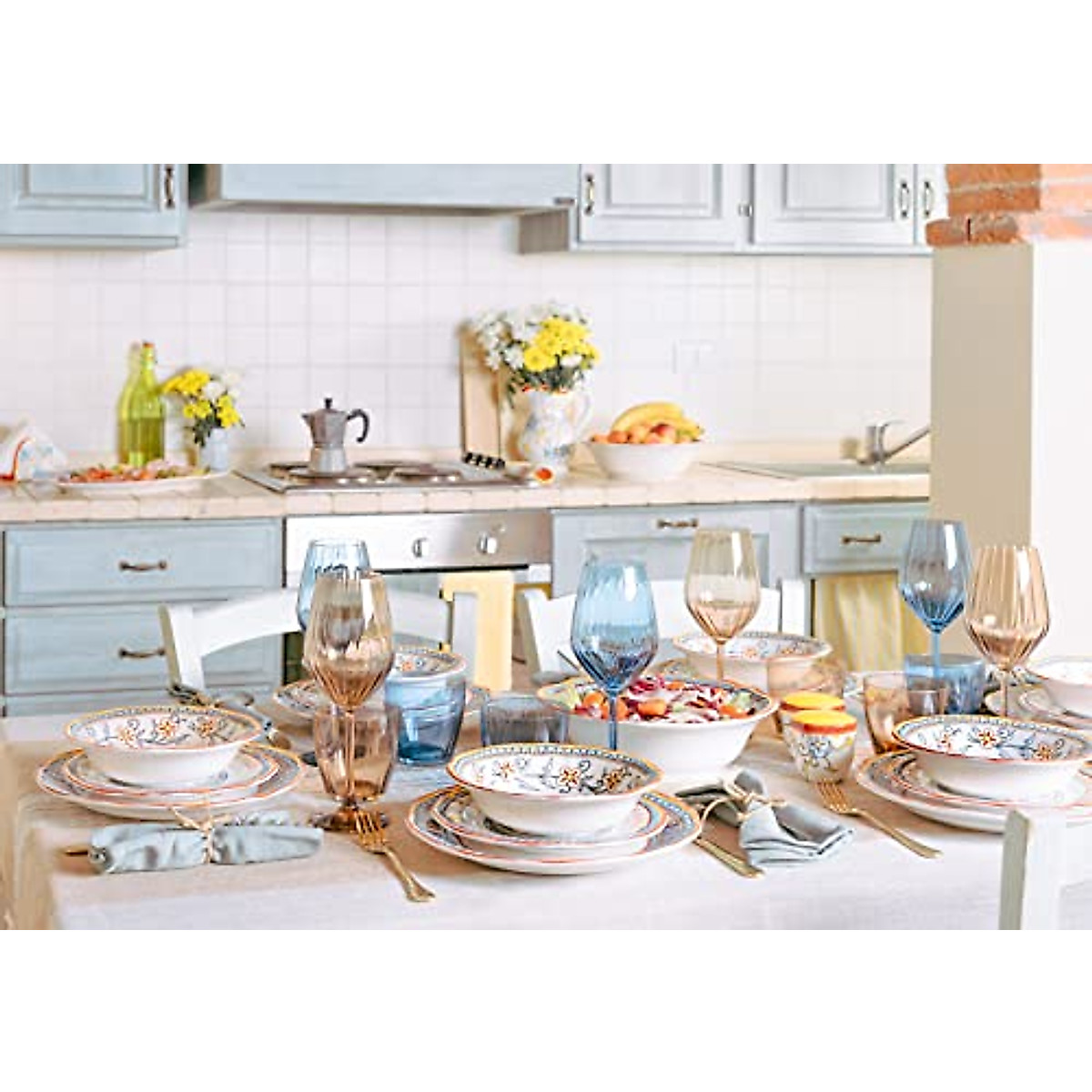 Euro Ceramica Duomo Collection Italian-Inspired 18" Oval Ceramic Serving Platter, Floral Design, Multicolor