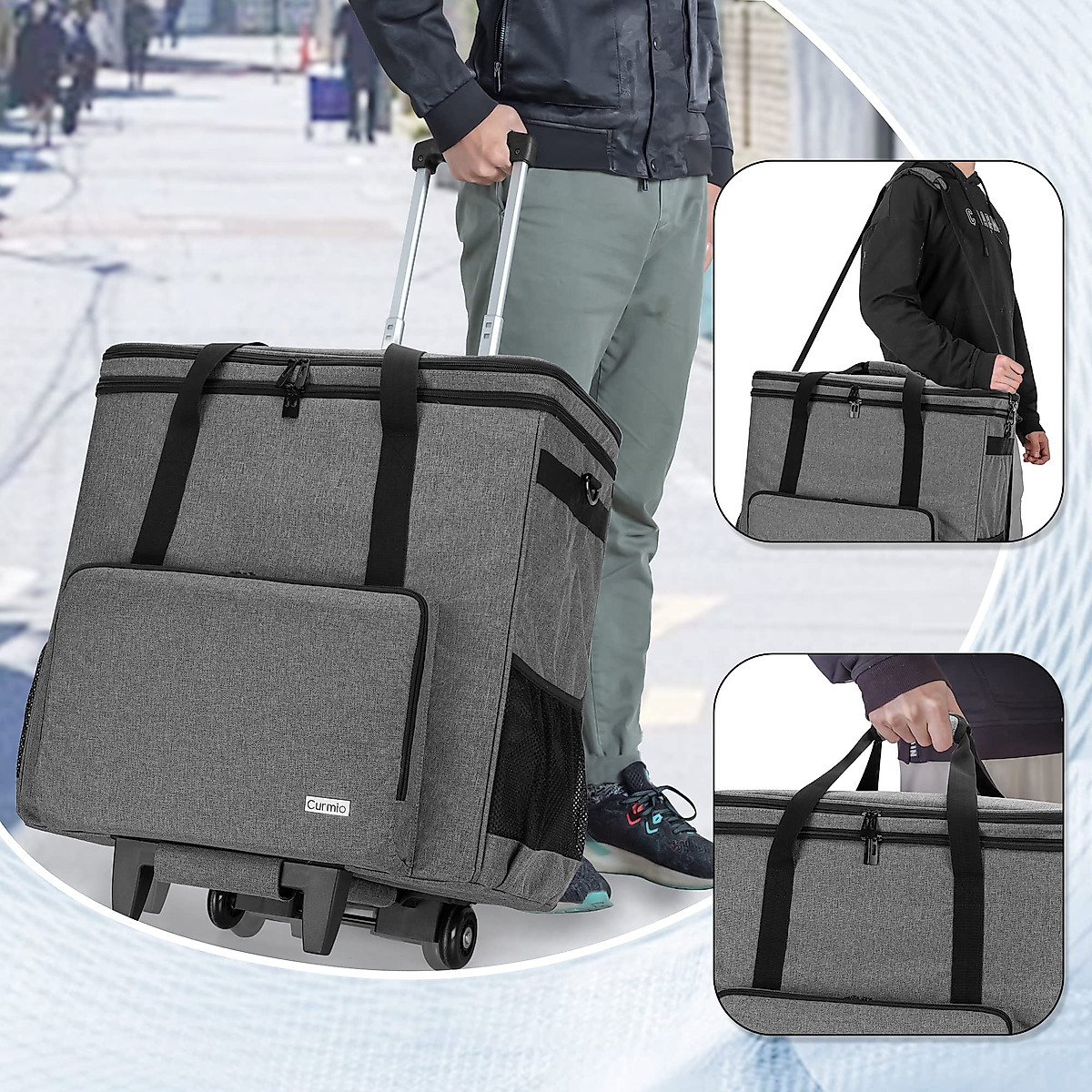 CURMIO PC Carrying Case on Wheels, Desktop Travel Bag with Detachable Trolley for PC Tower, Keyboard and Mouse, Gray (Bag Only, Patented Design)
