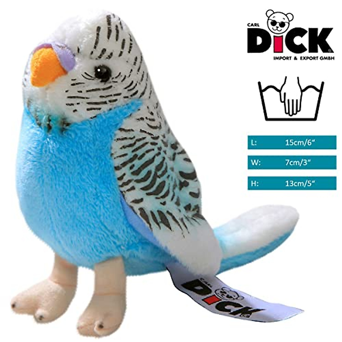 Carl Dick Budgerigar Dark Blue, 5 inches, 13cm, Plush Toy, Soft Toy, Stuffed Animal 2823005