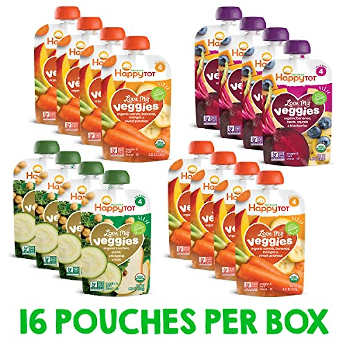 Happy Tot Organics Love My Veggies Stage 4, 3 Flavor Variety Pack, 4.22 Ounce Pouch (Pack of 16)