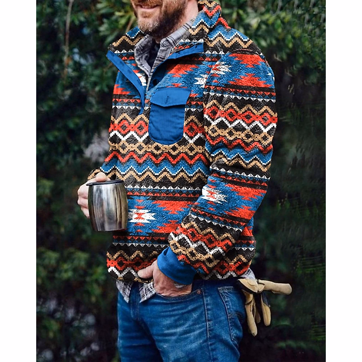 Beotyshow Mens Aztec Fleece Jackets Fuzzy Sherpa Sweatshirts Button down Pullover Coats Western Vintage Sweaters with Pocket
