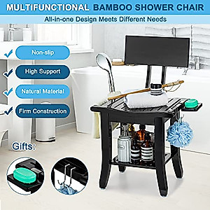 ETECHMART Bamboo Shower Bench with Back and Soap Dish, 2-Tier Shower Chair Bath Seat with Handle for Bathroom Bathtub Elderly Disabled, Waterproof Wood Spa Stool for Inside Shower Shaving, Espresso