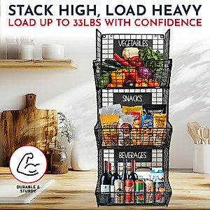 Culinary Couture 3-Tier Wire Hanging Basket for Organizing, Heavy-Duty Hanging Wall Baskets for Storage with Adjustable Chalkboards & S-Hooks, Minimalist Hanging Fruit Basket for Kitchen, Black