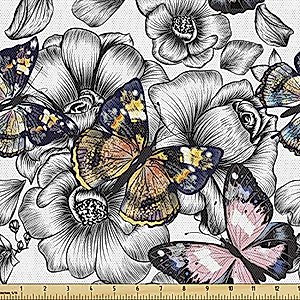 Ambesonne Butterfly Fabric by The Yard, Monochrome Floral with Colorful Summer Season Animal Blooming Flowers, Decorative Fabric for Upholstery and Home Accents, 1 Yard, Pink Orange