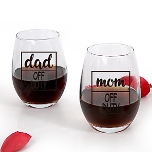 Jogskeor Mom Off Duty Dad Off Duty Stemless Wine Glass Set, New Parents Gifts, First Time Parents Gifts for Couples, Mommy Daddy, New Dad Mom, Best Gift for expecting Mother and Father, 15oz