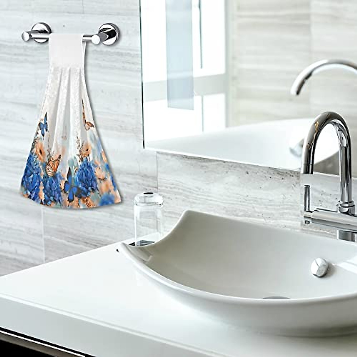 Butterflies Hanging Kitchen Towels Blue Flowers Floral Hand Towel 2PCS Dish Cloth Tie Towel Absorbent Oven Stove Washcloth with Loop for Bathroom Home Decorative