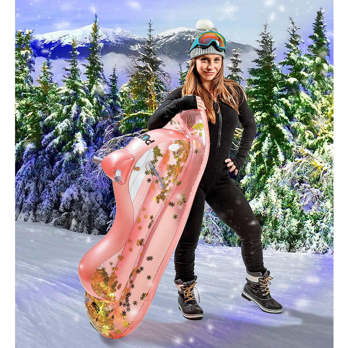 POZA Inflatable Rose Gold Snowmobile Sled - Luxurious Snow Sled with Handles filled with Gold Snowflake Confetti, Premium Cold Resistant PVC Heavy Duty Sled, Ski Sled for Adults and Kids - 51 Inches