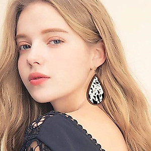 Bohemia Cow Leopard Print Earrings Lightweight Genuine Leather Wood Teardrop Earrings Handmade Western Vintage Cowgirl Cowboy Turquoise Jewelry