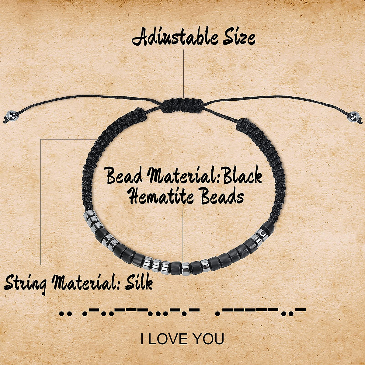 Morse Code Bracelets for Women Men, 2PCS I Love You String Adjustable Matching Bracelets Gifts for Couples Mom Daughter Best Friend Inspirational bracelets with Black Hematite Beads