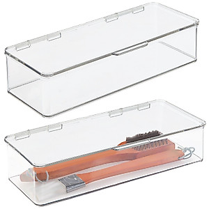 mDesign Long Plastic Kitchen Pantry/Fridge Storage Organizer Box Containers with Hinge Lid for Shelves or Cabinets, Holds Food, Snacks, Seasoning, Condiments, Flatware, Utensils, 2 Pack, Clear