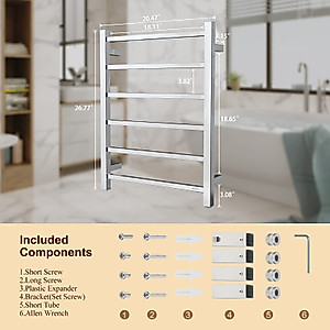 SHARNDY Towel Warmer Polished Chrome for Bathroom Wall Mounted Bath Towel Heater Plug-in Square 6 Bars Drying Rack Stainless Steel Electric Heated Towel Rack ETW13 68W 26.77x20.47x4.13 inches