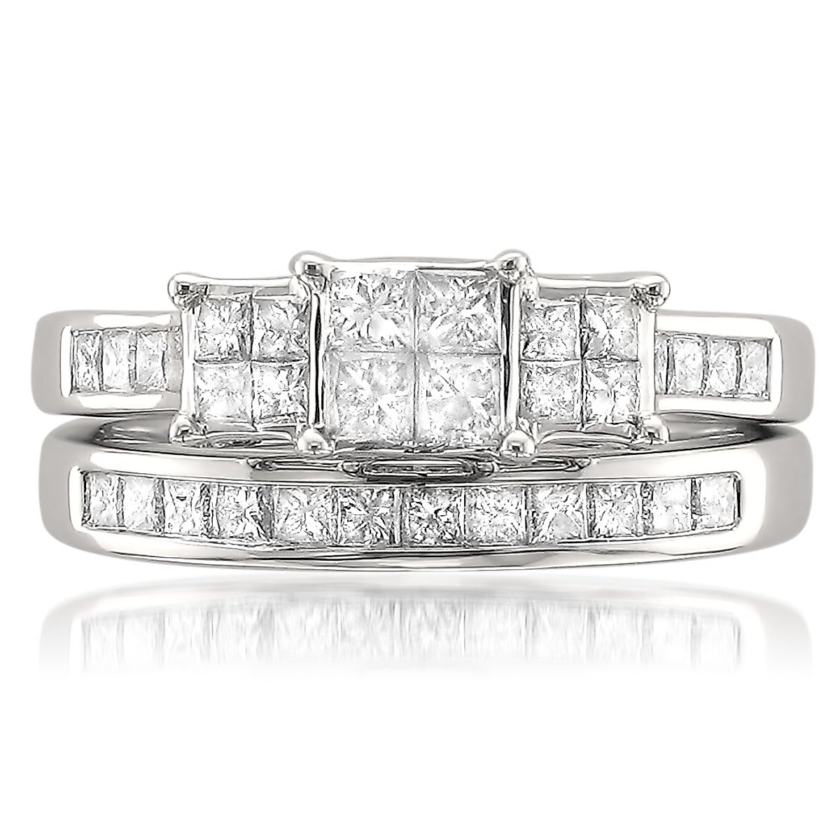 Beyond Brilliance 1.10 Carat Diamond, Prong-Set 14K White Gold Princess Cut Three-Stone Diamond Engagement Bridal Ring Set (I-J, I1-I2)