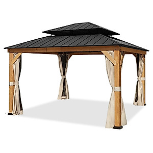 EAGLE PEAK 13x15 Hardtop Gazebo, Galvanized Steel Double Roof Gazebo with Cedar Wood Frame, Outdoor Pavilion with Netting and Curtains for Patio, Deck, Lawn and Garden, Natural Wood/Black