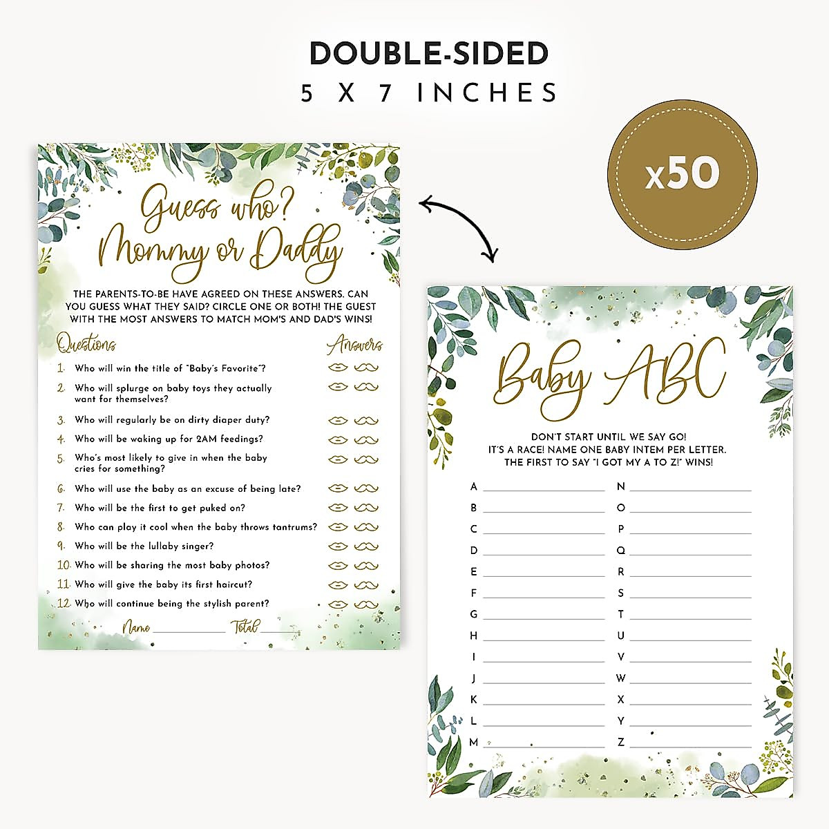 Greenery Baby Shower Games for 50 Guests, 6 Games Double-Sided Cards, Gender Neutral for Boys or Girls