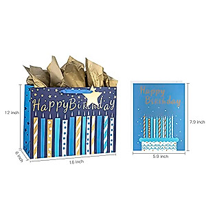 MAYPLUSS 16" Birthday Large Gift Bag with Greeting Card and Tissue Paper for Birhtday - Blue Gold Foil Candle Design
