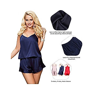 ohyeah Silk Pajamas for Women Set, PJ Set for Women Silk Satin Spaghetti Strap Tank Top Cross Back Shorts Set Blue XL-2X