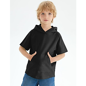 Spring&Gege Boys Light Weight Short Sleeve Hoodie Casual Solid Pullover Hooded T-shirt with Pocket, Black, 9-10 Years