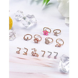 Goerhsjie 20g Nose Rings Hoops Studs Piercings Jewelry for Women Men Surgical Stainless Steel Rose Gold l Shaped Shape Bar Stuf 20 Gauge Hypoallergenic Butterfly Nostril Aretes para La Nariz