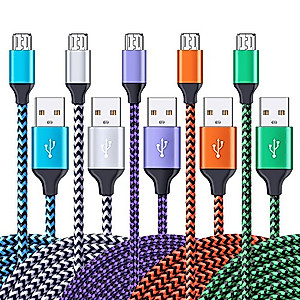AILKIN Micro USB Cable, 5-Pack 6ft High Speed Nylon Braided Android Charging Cables for Samsung Galaxy J8/J7/S7/S6/Edge/Note5, Sony, Motorola, HTC, LG Android Tablets and More USB to Micro USB Cords