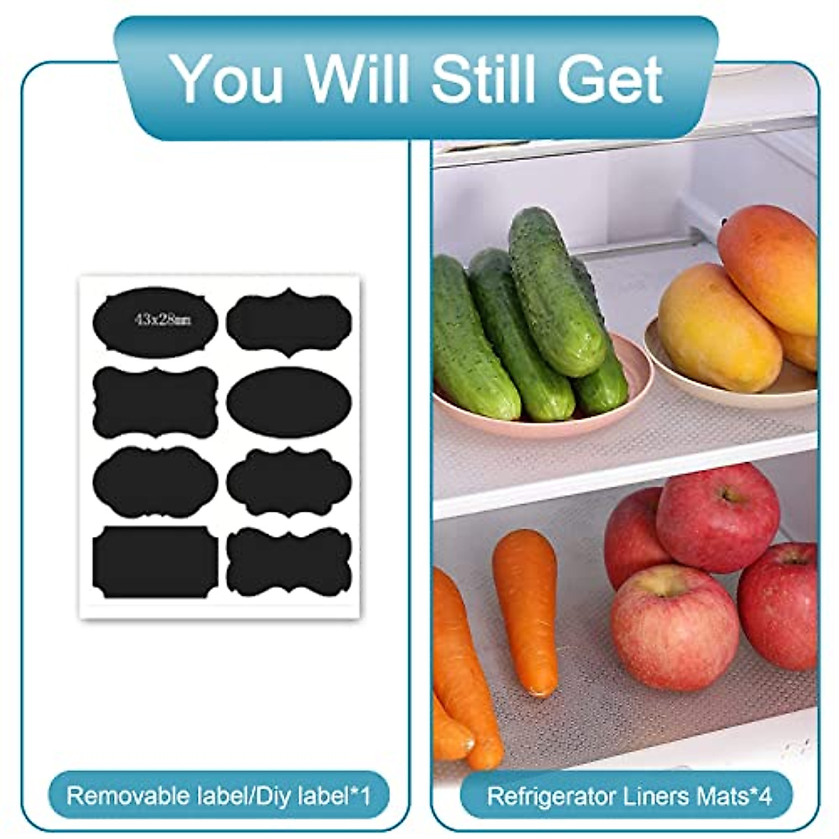 Refridge Organizer Bins, 5 Pack Pantry Organization and storage With Lids, Clear Plastic Storage Bins With Removable label *1 And Refrigerator Liners Mats *4 For Soda, Fruits, Vegetable, Food, Drinks