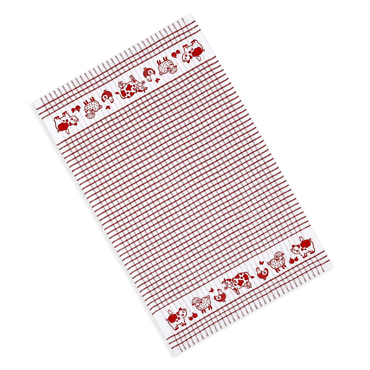 Cackleberry Home Barnyard Animals Windowpane Check Cotton Terrycloth Kitchen Towels, Set of 4 (Red)