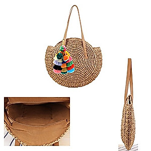 Donalworld Women Round Straw Pompom Shoulder Bag Corn Summer Woven Bags Coffee