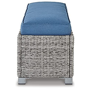 Signature Design by Ashley Naples Beach Casual Outdoor Bench with Cushion, Light Gray & Blue