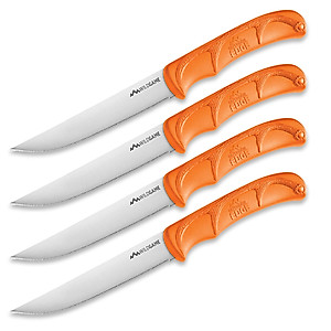 OUTDOOR EDGE Wild Game Steak Knives 4-Piece Set with Never-Sharpen Micro Serrated 420J2 Stainless Blades and Elk Horn Textured Black Polymer Handles