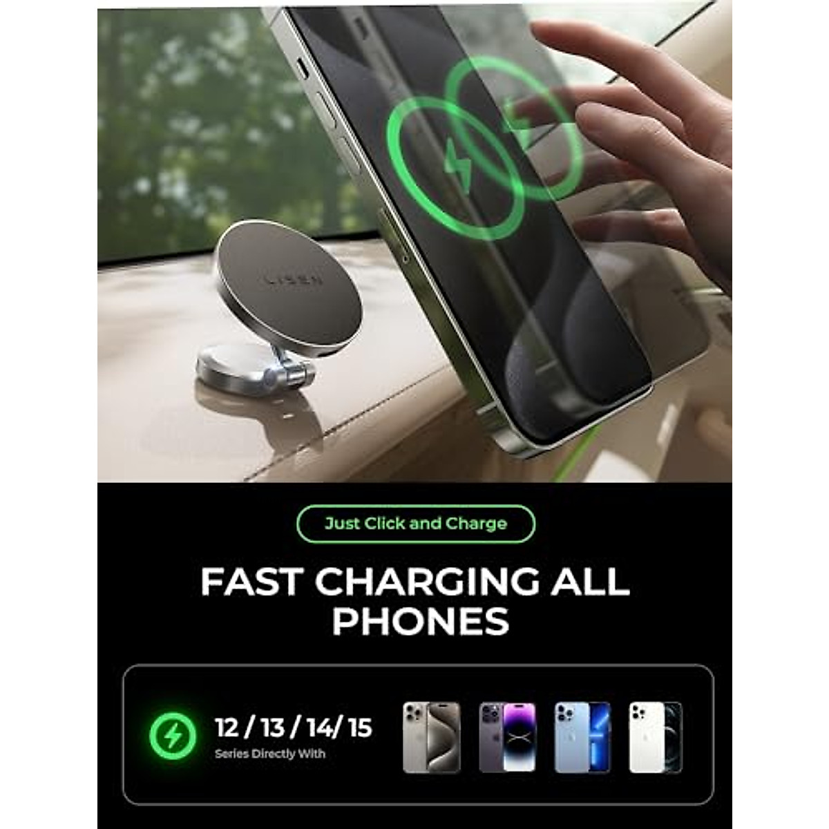 LISEN for Magsafe Car Mount Charger 15W, [360° Rotation] iPhone Wireless Car Charger Magnetic Foldable Car Phone Holder, for Dashboard Magsafe Charing Mount Fits iPhone 15 14 13 12 Pro Max Plus