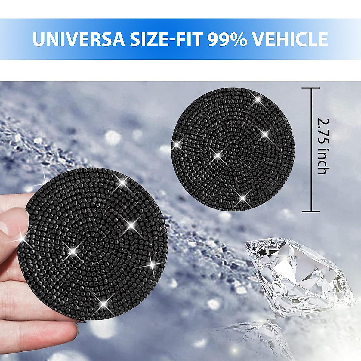 UGSHY 2 PCS Car Cup Holder Coasters, 2.7In Bling Crystal Rhinestone Rubber Vehicle Cup Mats, Universal Anti-Slip Durable Automotive Interior Decoration Accessories for Cars Trucks SUVs (Black)