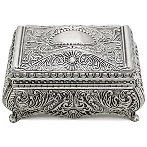 AVESON Rectangle Antique Metal Jewelry Box Trinket Storage Organizer Gift Box Chest Ring Case with Floral Engraved for Girls Ladies Women, Small