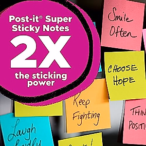 Post-it Super Sticky Notes, 3x3 in, 5 Pads, 2x the Sticking Power, Energy Boost Collection, Bright Colors, Recyclable (654-5SSUC)