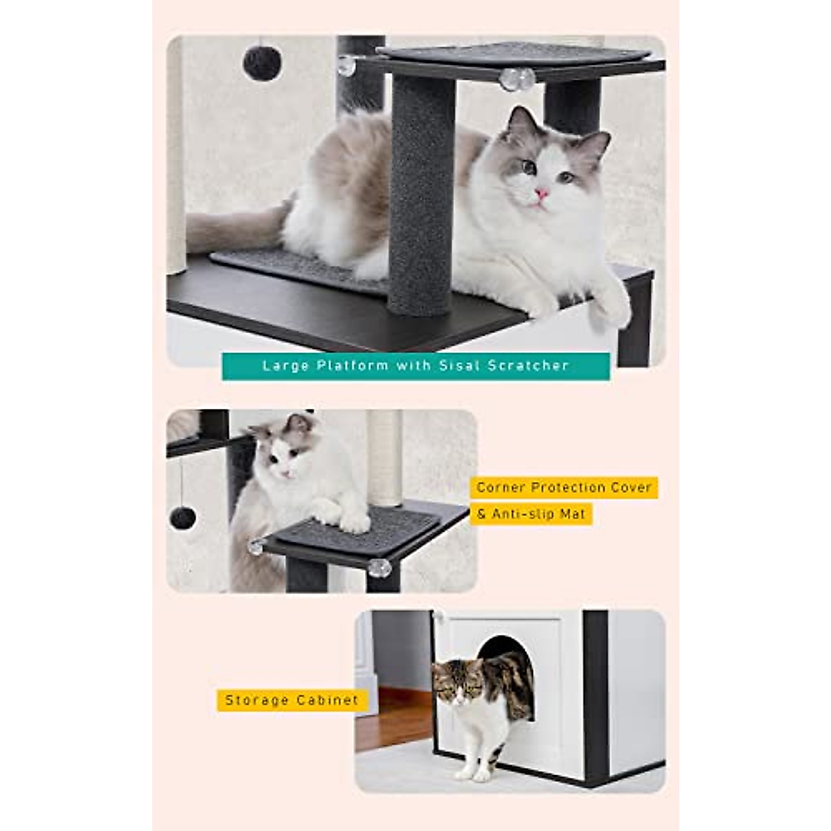 PETEPELA Modern Cat Tree Wood Cat Tower with Storage Cabinet Litter Box Enclosure and Spacious Cat Condo, Large Top Perch and Hammock, Sisal Covered Scratching Posts for Cats Black