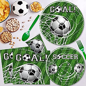 APOWBLS Soccer Birthday Party Supplies - Soccer Party Decorations Dinnerware, Plates, Cups, Napkins, Tablecloth, Cutlery, Straw, Sports Theme Soccer Birthday Party Decorations Tableware | Serve 24