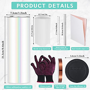 Zhehao 8 Pcs 20 oz Glitter Sublimation Tumblers Bulk Rainbow Paint Straight Skinny Steel Blank Tumbler Set with Lid Straw, Brush, Base, Shrink Wrap, Heat Resistant Gloves, Heat Transfer Tape, Paper