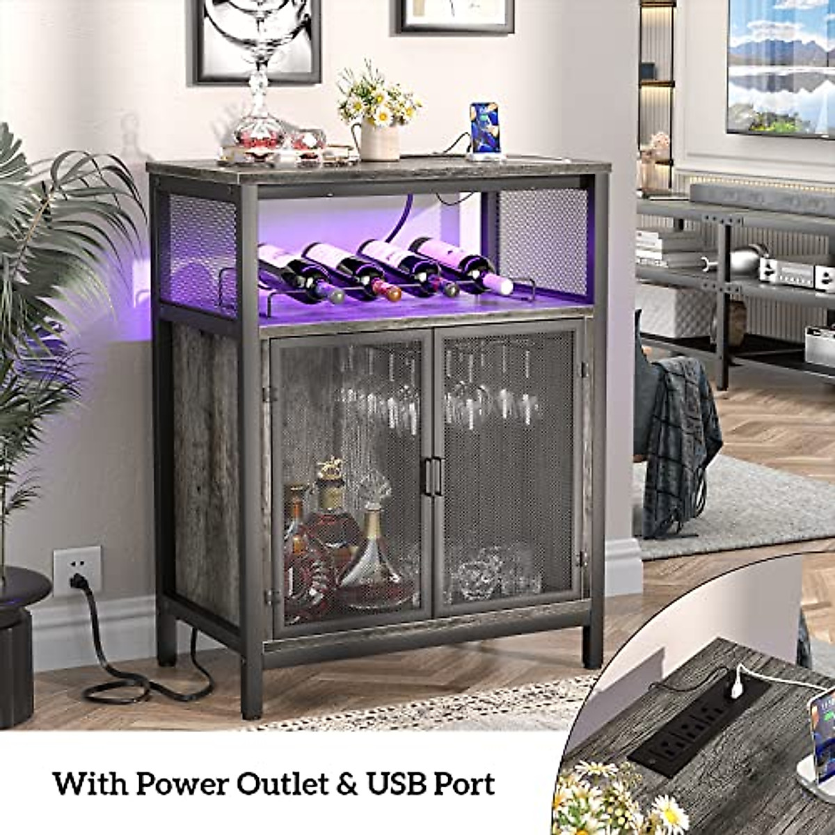 Unikito Wine Bar Cabinet with RGB Light and Outlet, FreeStanding Wine Rack Table, Liquor Cabinet with Glass Holder, Floor Bar Cabinet for Liquor and Glasses for Home Kitchen Dining Room, Black Oak
