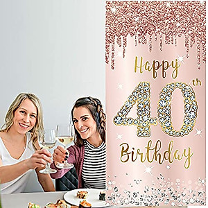 40th Birthday Door Banner Decorations for Women, Pink Rose Gold Happy 40th Birthday Door Cover Party Supplies, Large Forty Year Old Birthday Poster Backdrop Sign Decor