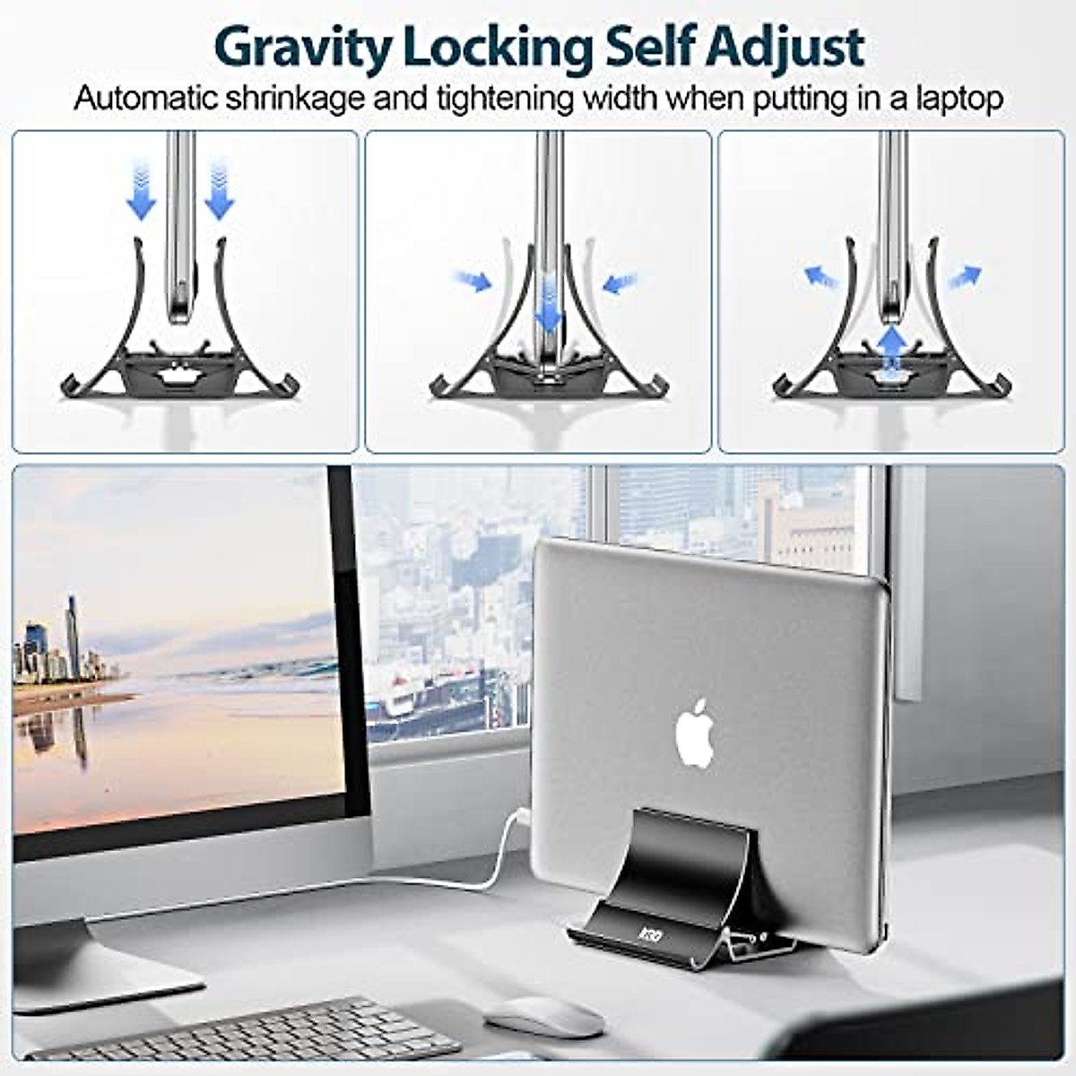 Vertical Laptop Tablet Stand, Gravity Lock Auto Shrink Desktop Notebook Holder for Desk Organizers and Storage Compatible with MacBook Air Pro Samsung, HP, Dell, Microsoft Surface and Gaming Laptops