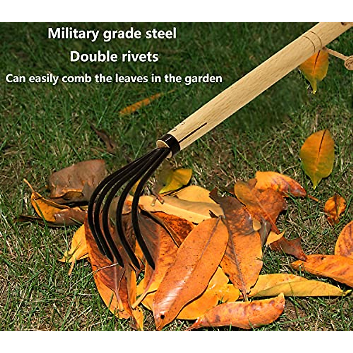 XFJTECH 15'' Garden Rake Cultivator 5 Tines Claw Soil Tiller Military Grade Steel Japanese Ninja Claw with Ergonomic Wooden Handle for Perfect Pulverized and Aerated Soil and Combing Leaves Weeding